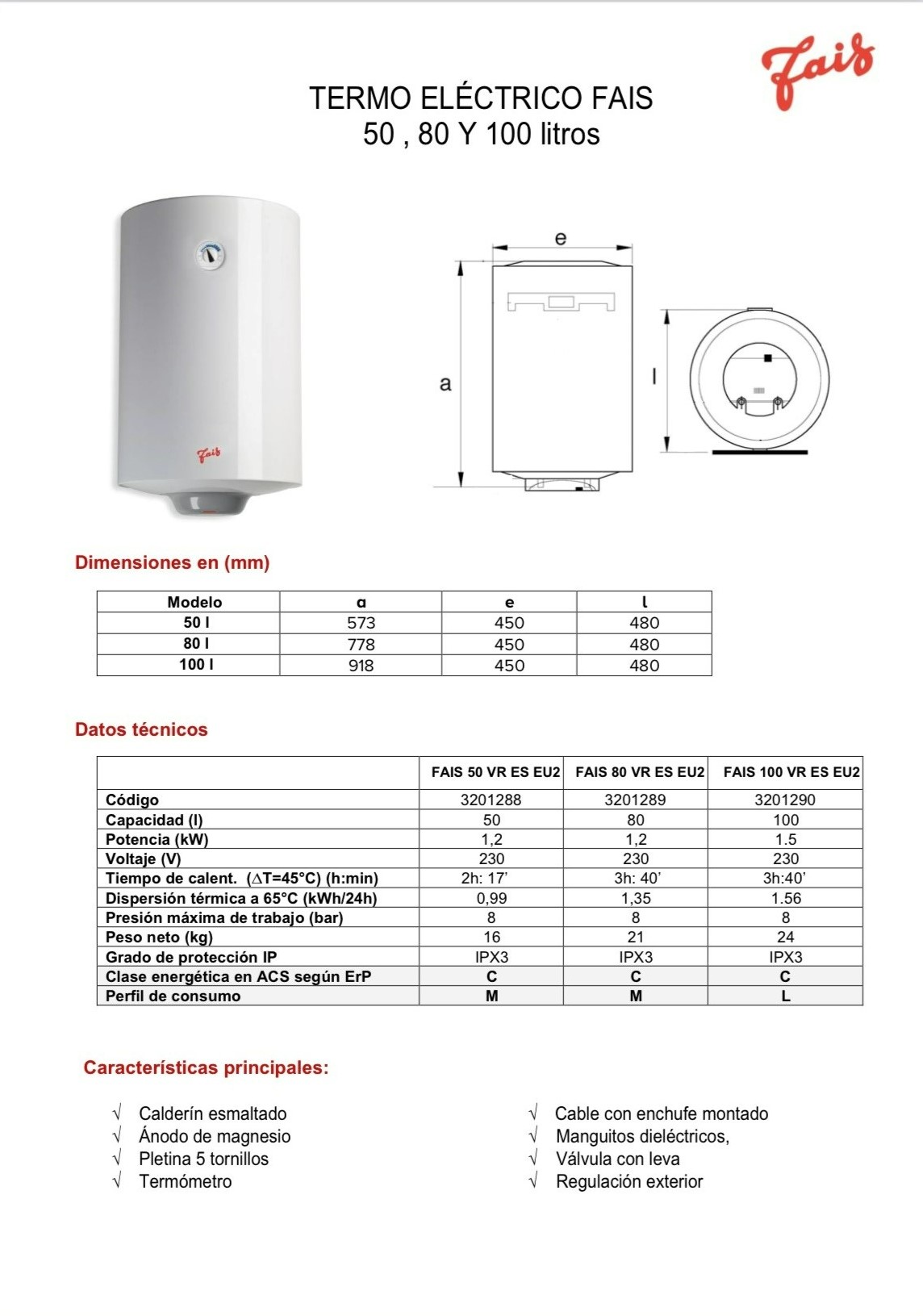 TERMO ELECTRICO FAIS VERTICAL 50 LITROS