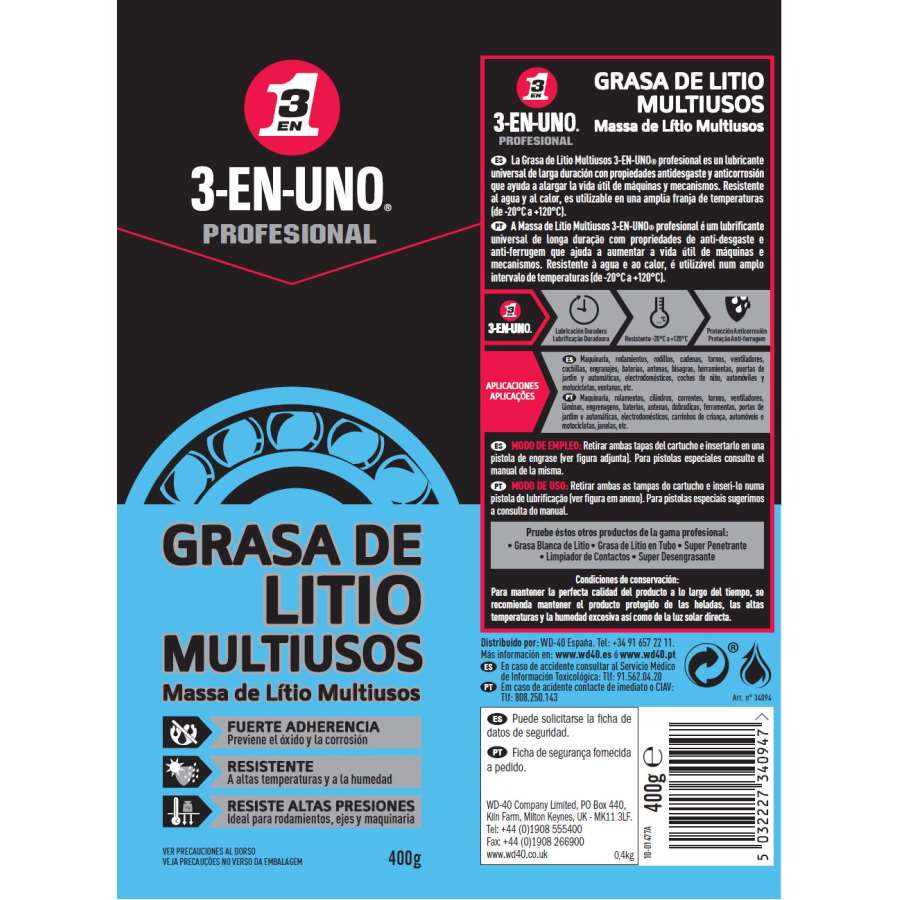 GRASA DE LITIO MULTIUSOS 3 EN 1 CARTUCHO 400GR